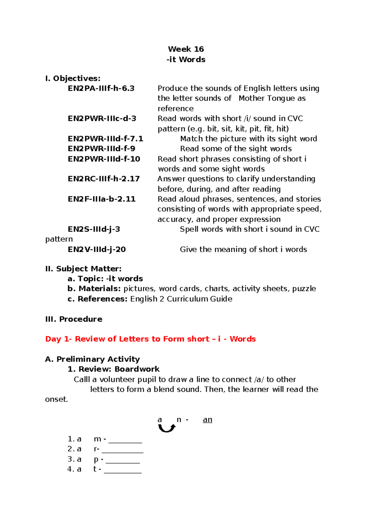 WEEK 7 it - lesson scripts - Week 16 -it Words I. Objectives: EN2PA ...
