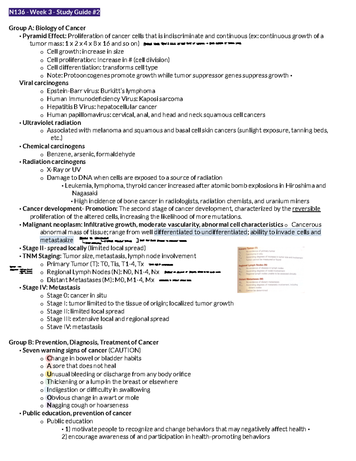 N136 Exam 3 - Cancer SGTrio 1 kv - N 136 - Week 3 - Study Guide # 2 Group A: Biology of Cancer ...