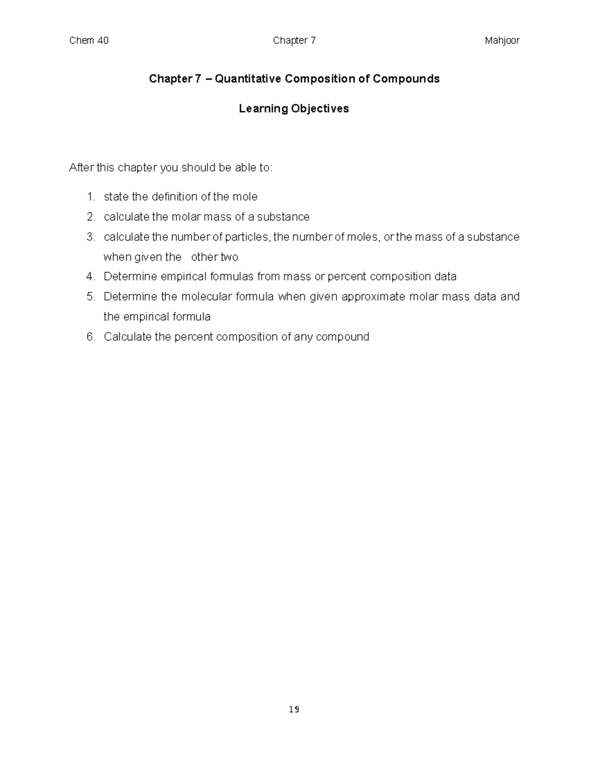 HW 7: Quantitative Composition of Compounds - 19 Chapter 7 ...