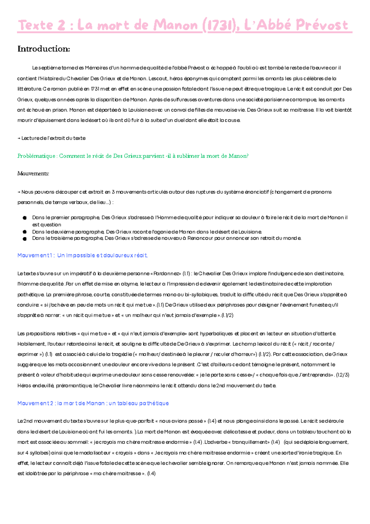 Texte 2 La mort de Manon (1731), L’Abbé Prévost - Texte 2 : La mort de Manon (1731), L’Abbé ...