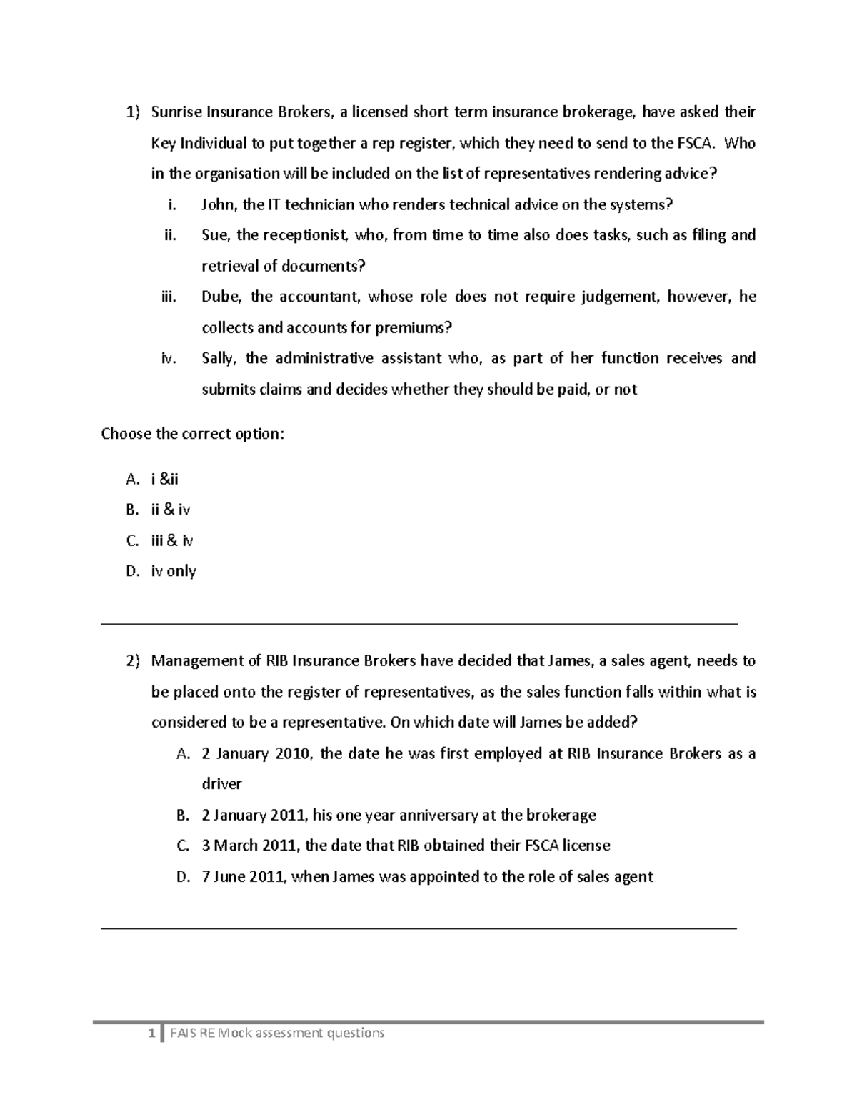 RE5-Mock-Exam-Questions-v III - Sunrise Insurance Brokers, a licensed ...