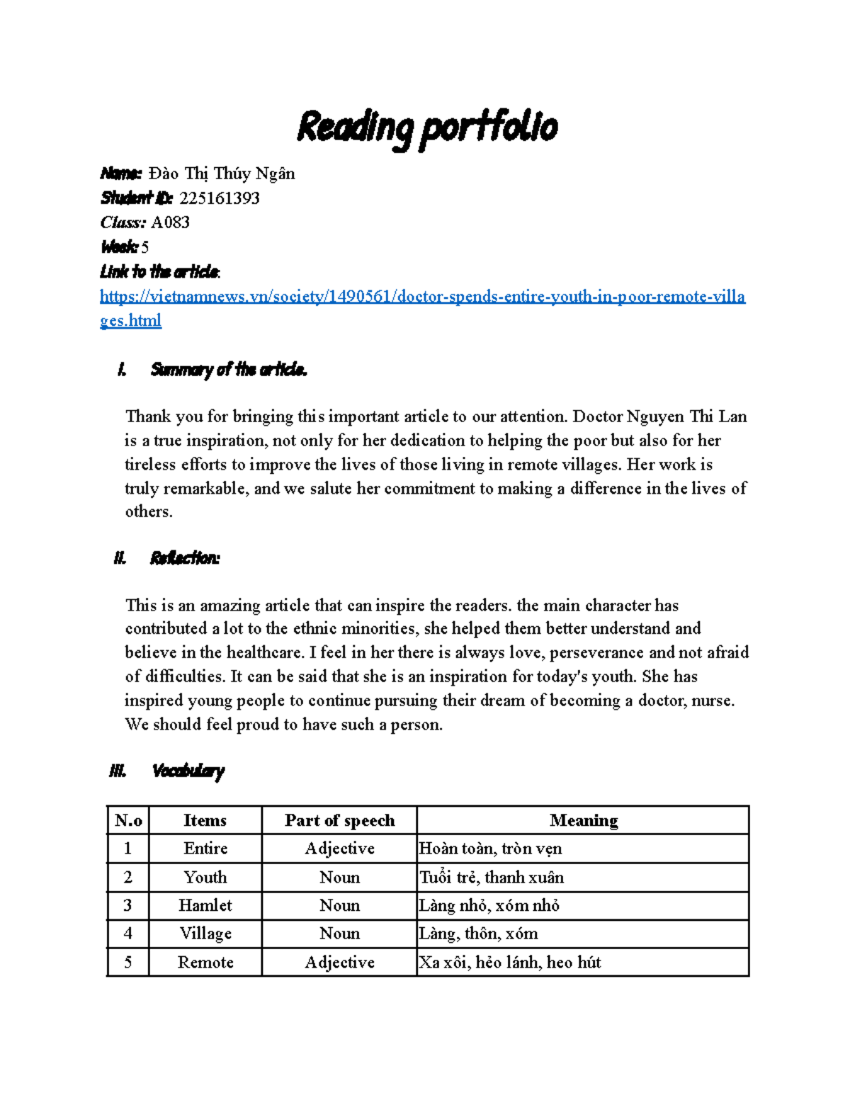 Reading portfoli 2 - Ngân - Reading portfolio Name: Đào Thị Thúy Ngân ...