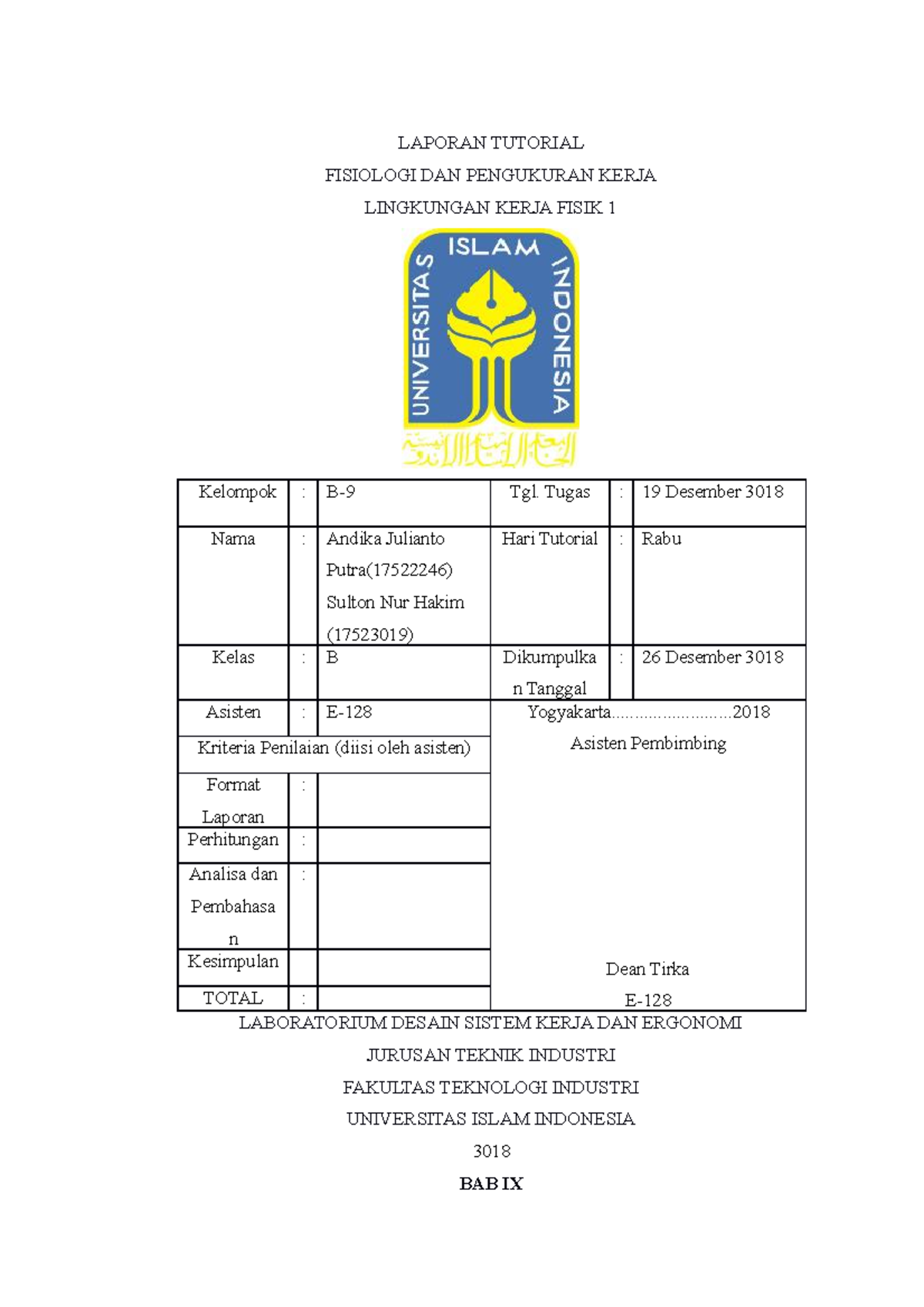 Laporan Tutorial Andika Sulton - LAPORAN TUTORIAL FISIOLOGI DAN PENGUKURAN KERJA LINGKUNGAN ...