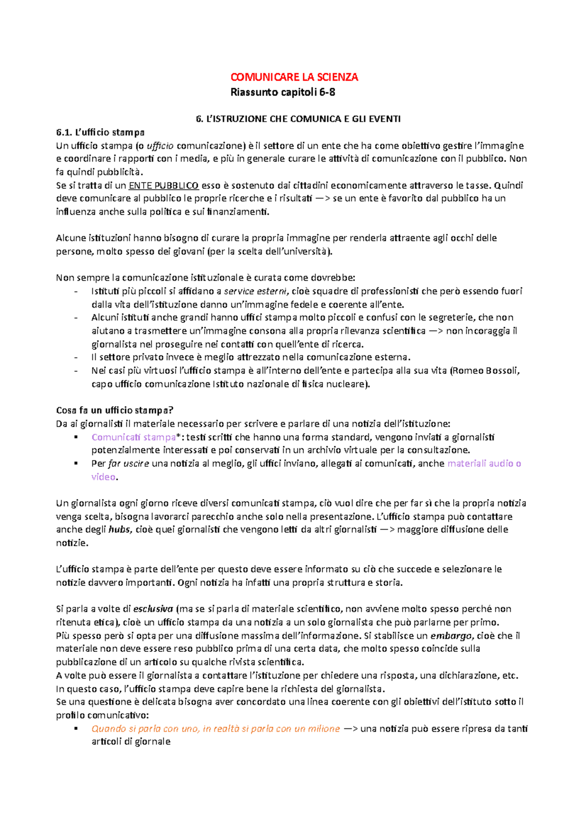 Comunicare LA Scienza - COMUNICARE LA SCIENZA Riassunto capitoli 6- 6 ...