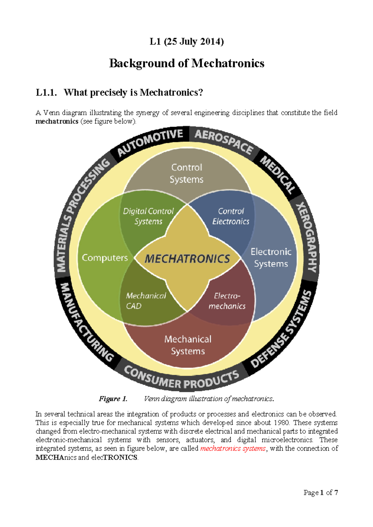 Introduction-mechatronics - L1 (25 July 2014) Background of Mechatronics L1. What precisely is ...