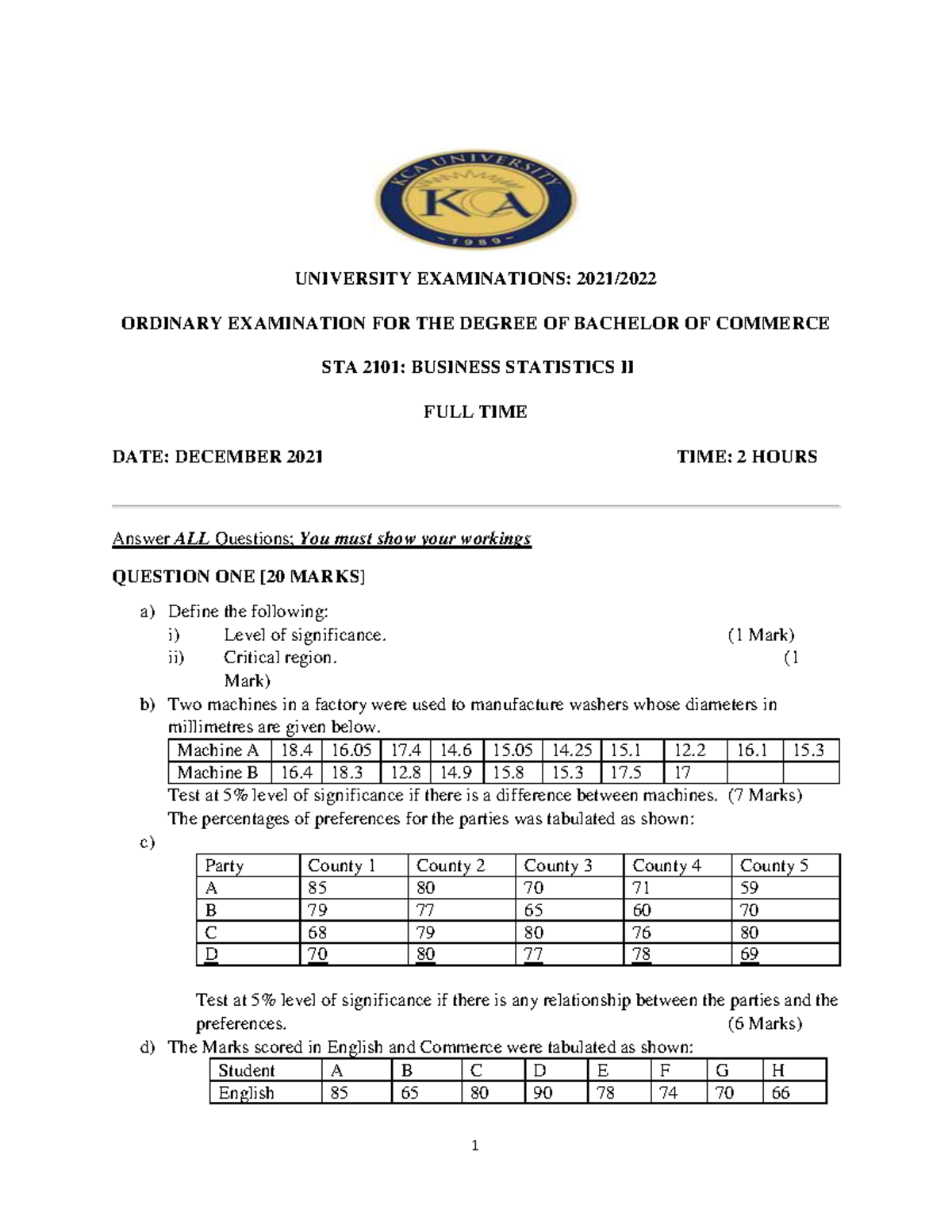 Statistics 3 - 1 UNIVERSITY EXAMINATIONS: 2021/ ORDINARY EXAMINATION ...