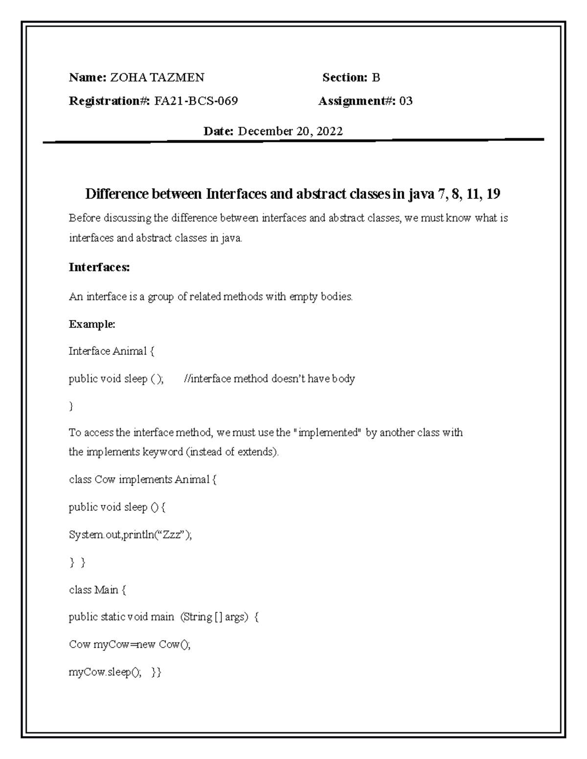 Df btw interfaces and abstract classes - Name: ZOHA TAZMEN Section: B ...