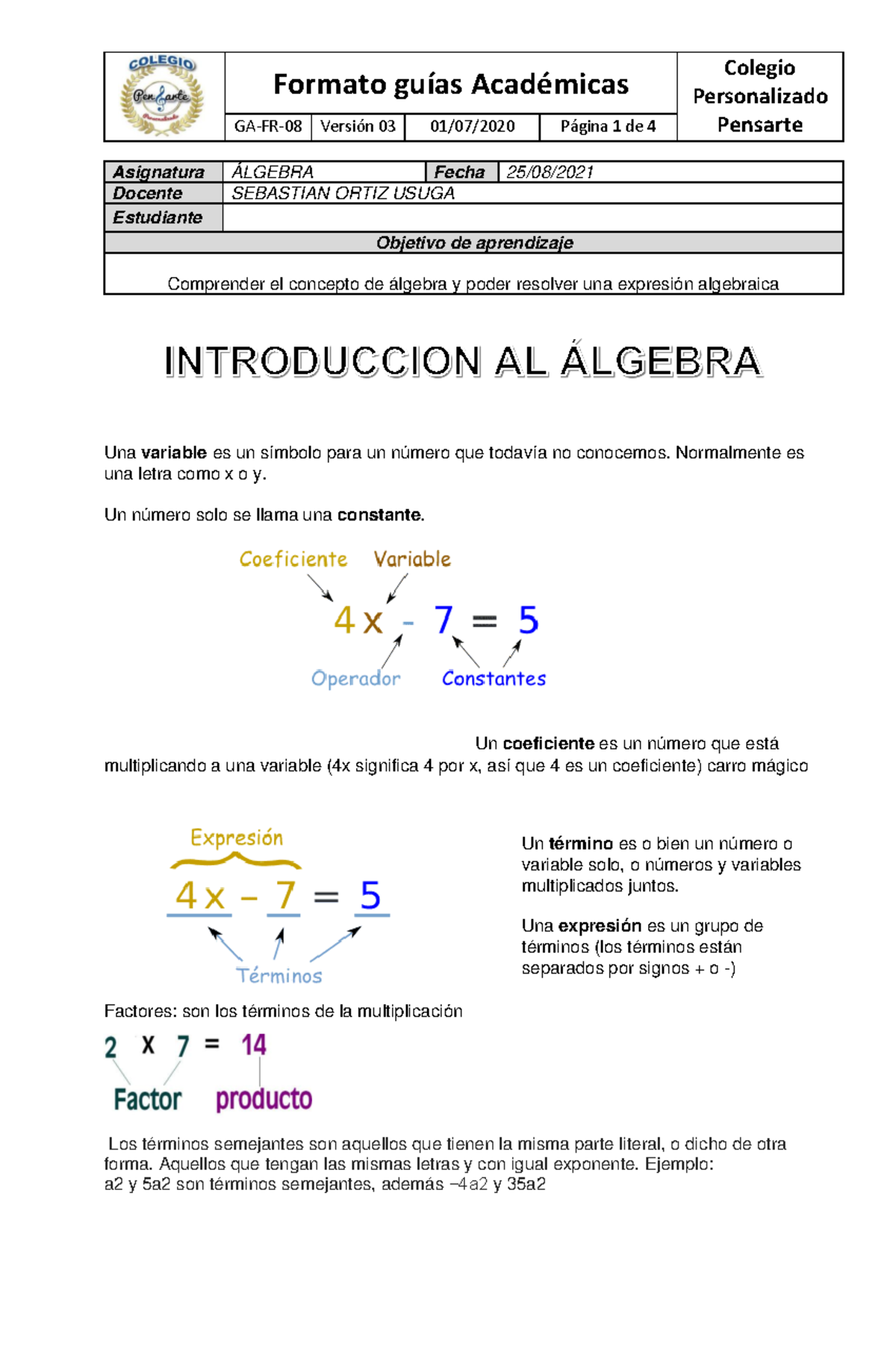 2 Introducción al álgebra - Formato guías Académicas Personalizado GA-FR-08 Versión 03 01/07 ...