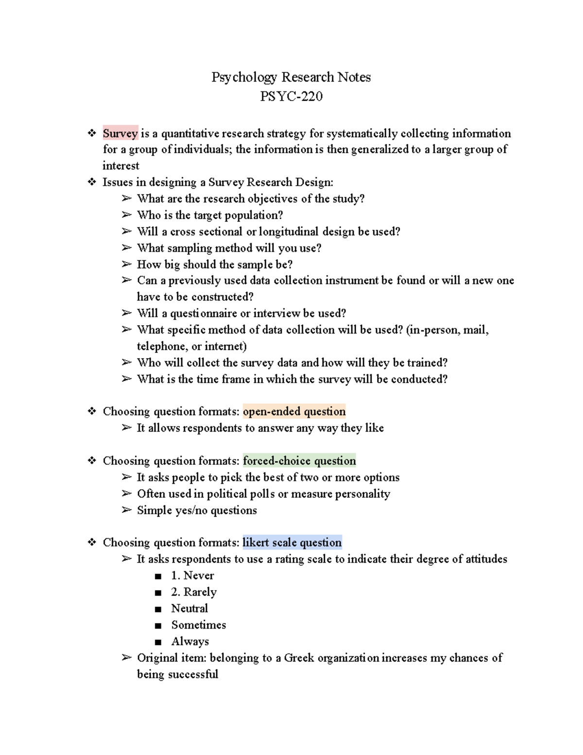 PSYC-220 Notes: Survey Research Design - Psychology Research Notes PSYC ...