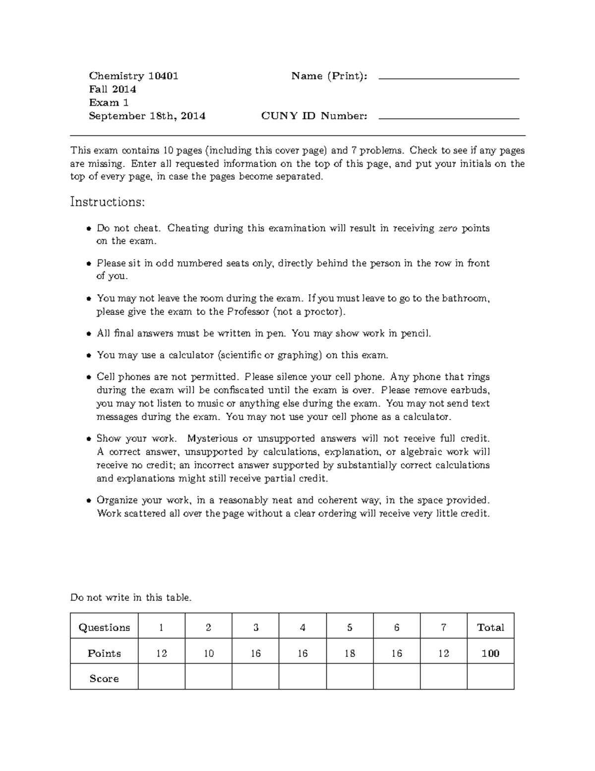 Exam1 - exam - Chemistry 10401 Name (Print): Fall 2014 Exam 1 September ...