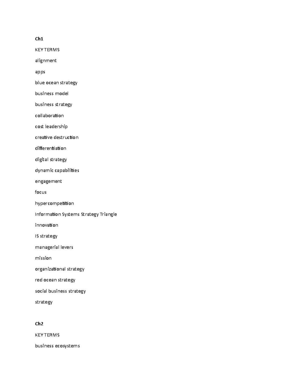 Ch1-Ch3 Key Terms - Ch KEY TERMS alignment apps blue ocean strategy ...