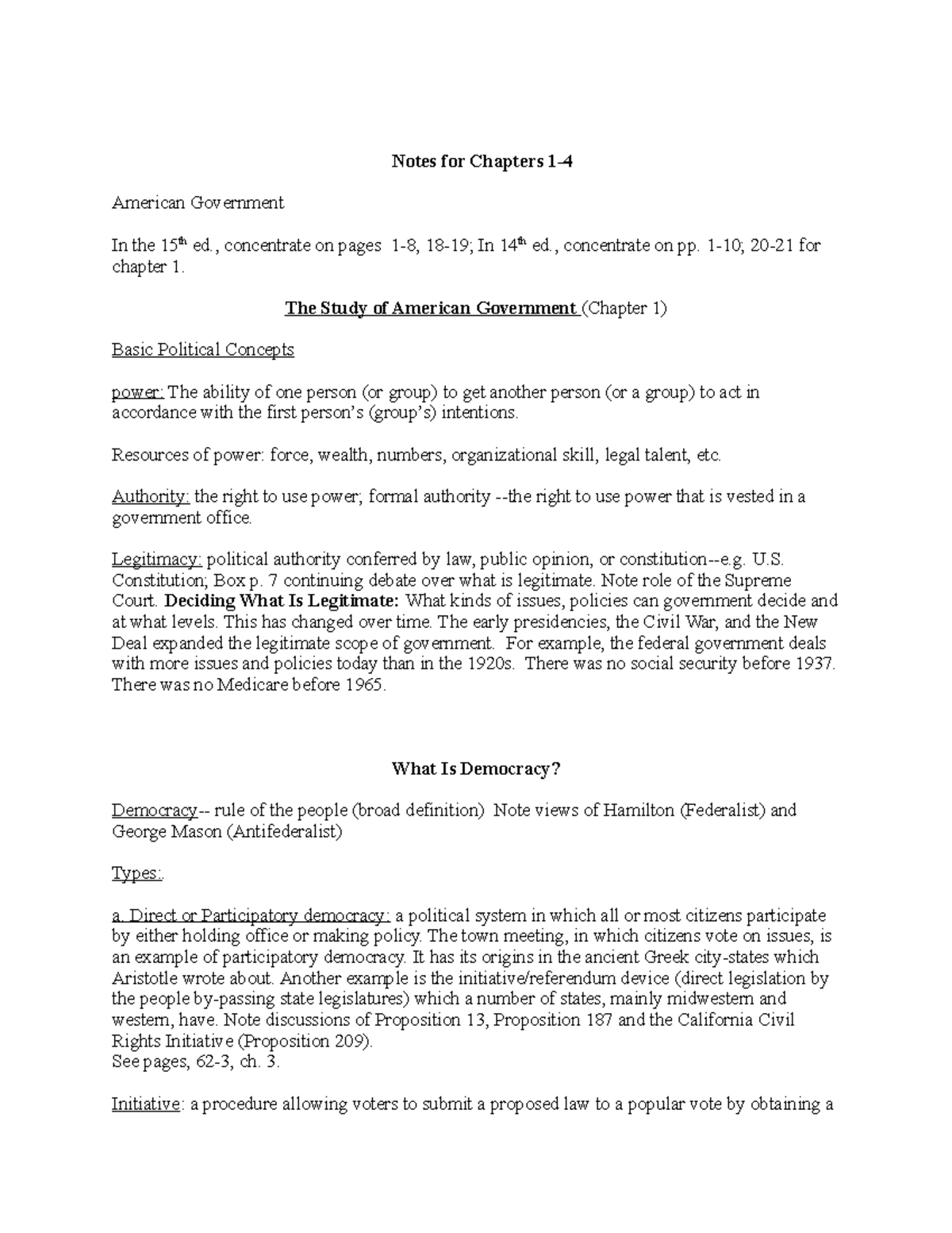 Chapters 1-4 - course notes - Notes for Chapters 1- American Government ...