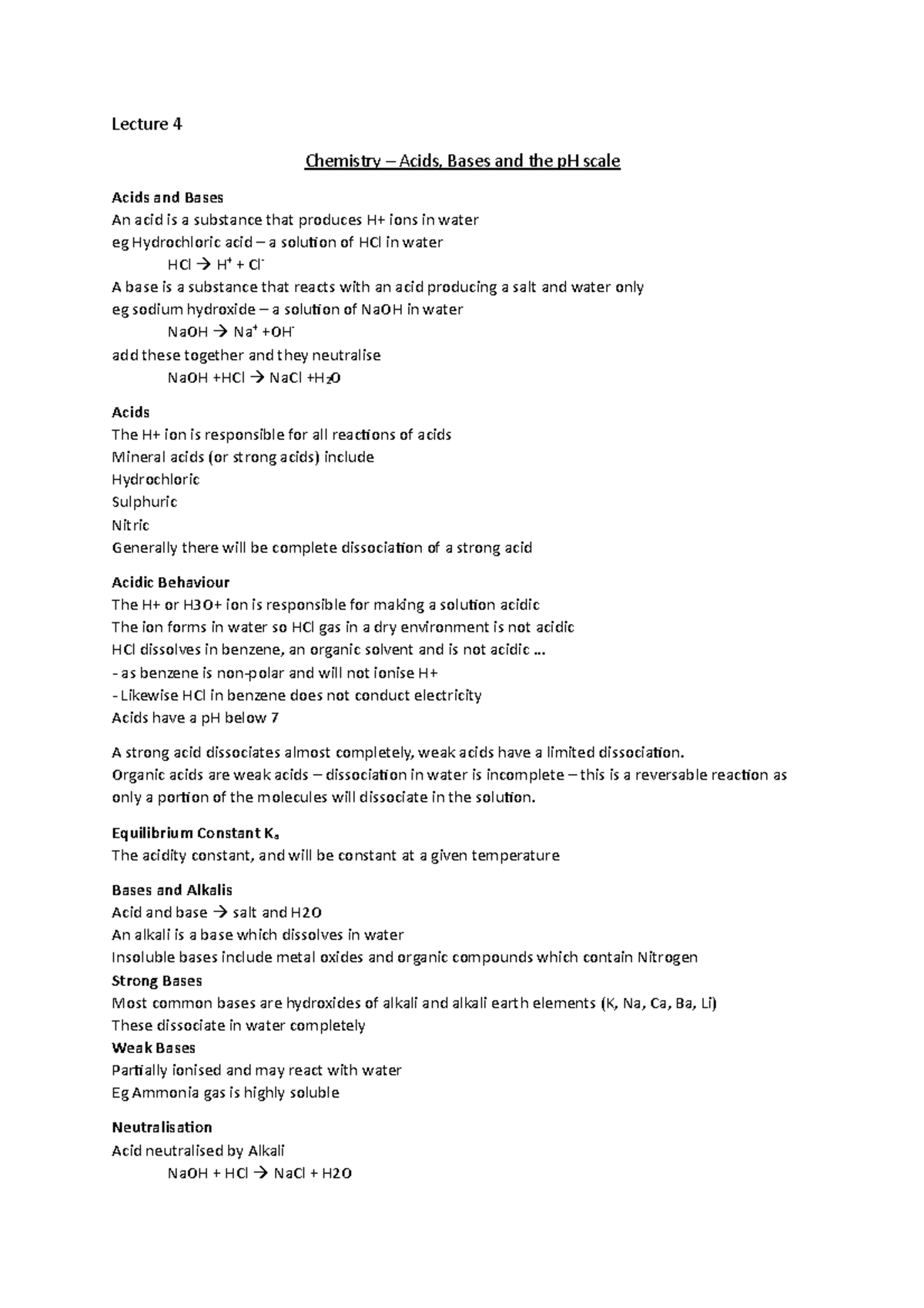 Lecture 4 - Chemistry - Lecture 4 Chemistry – Acids, Bases and the pH ...