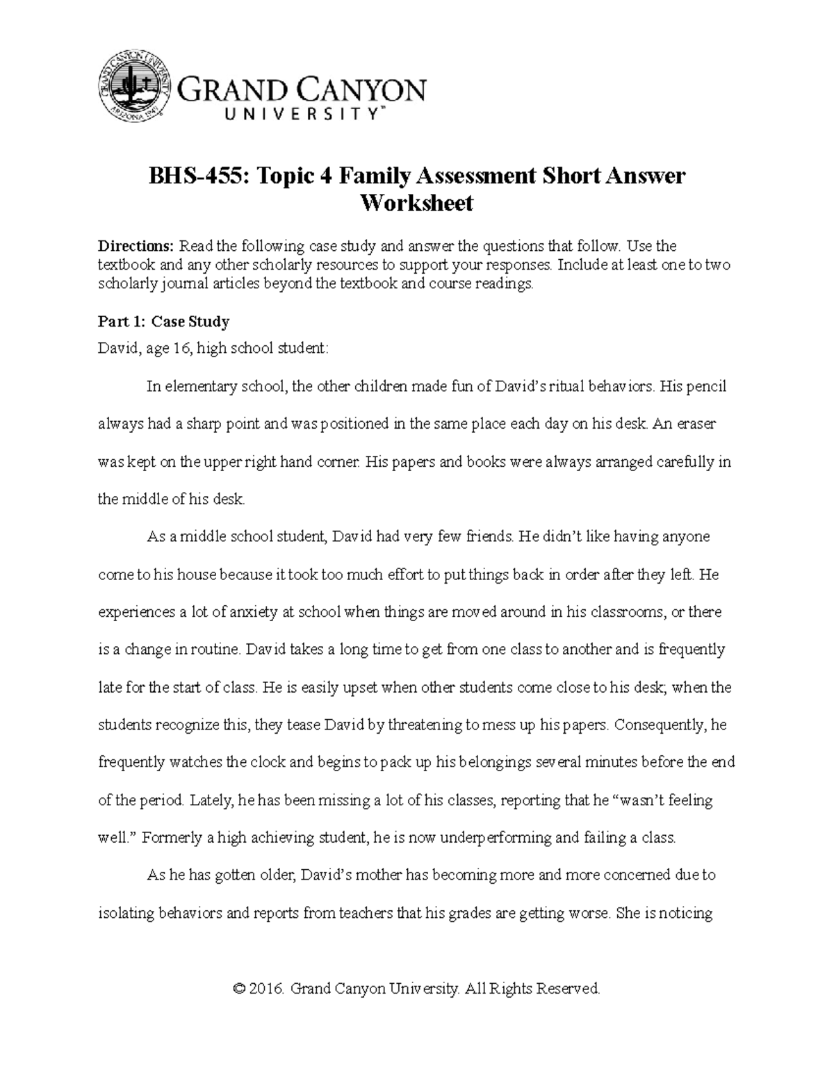 BHS-455 - Short answer assignment. - BHS-455: Topic 4 Family Assessment ...