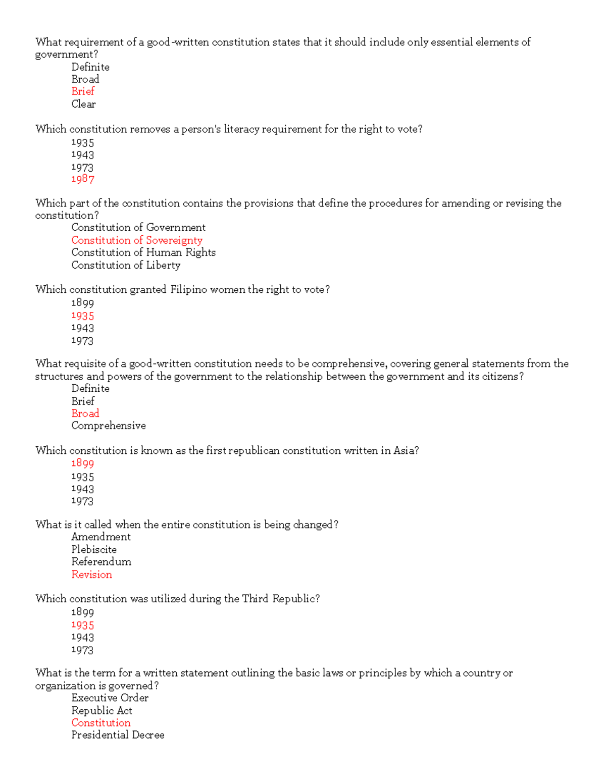 Constitution Quiz - What requirement of a good-written constitution ...