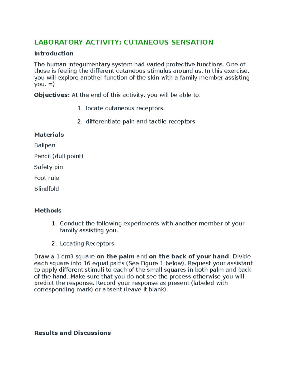 Laboratory experiment for determining tactile and pain receptors in the ...