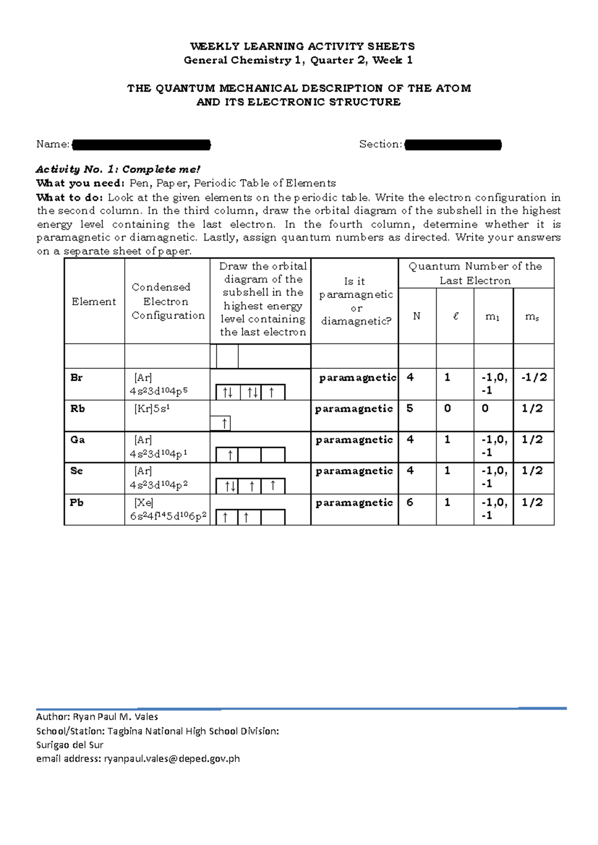 Quantum Numbers - WEEKLY LEARNING ACTIVITY SHEETS General Chemistry 1 ...