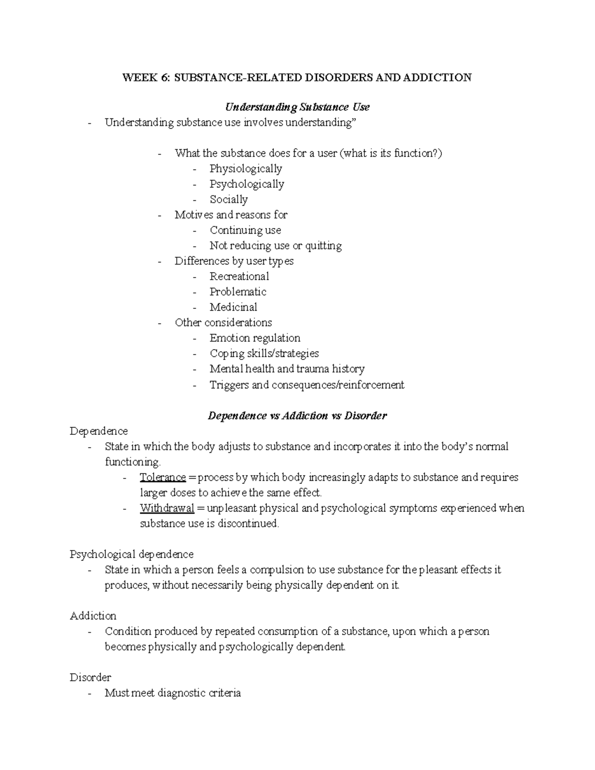 PSY 305 WEEK 6 Substance- Related Disorders AND Addiction Notes - WEEK ...