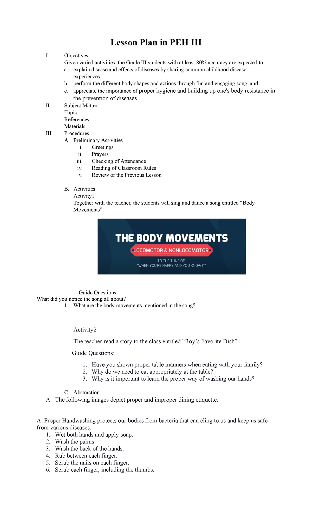 PEH-III-LP - Lesson Plan - Lesson Plan in PEH III I. Objectives Given ...