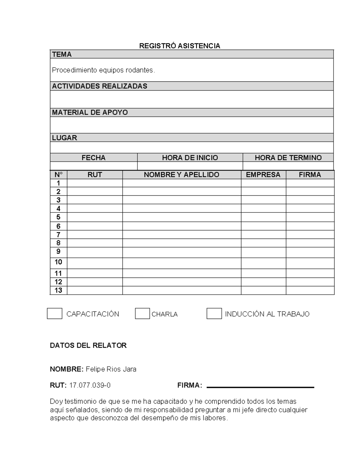 R.A Procedimiento Equipo Rodante - REGISTRÓ ASISTENCIA TEMA ...