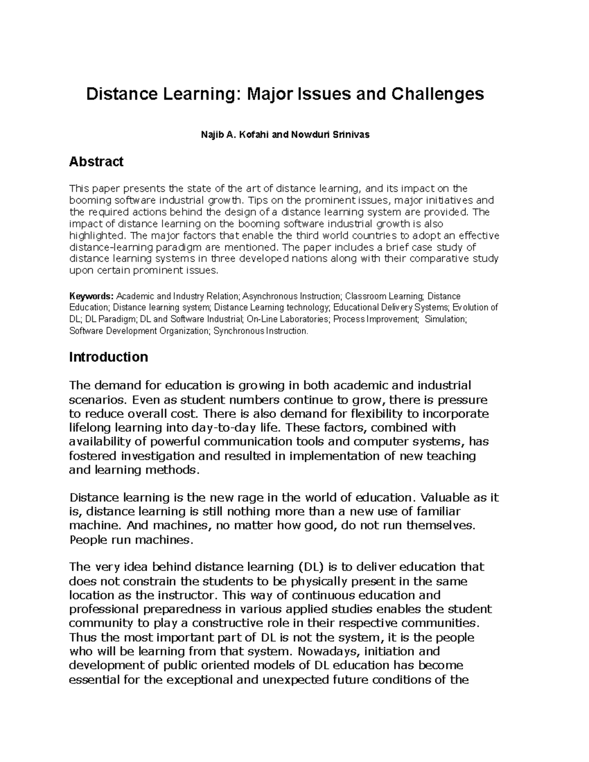 Distance Learning Major Issues and Challenges - Kofahi and Nowduri ...