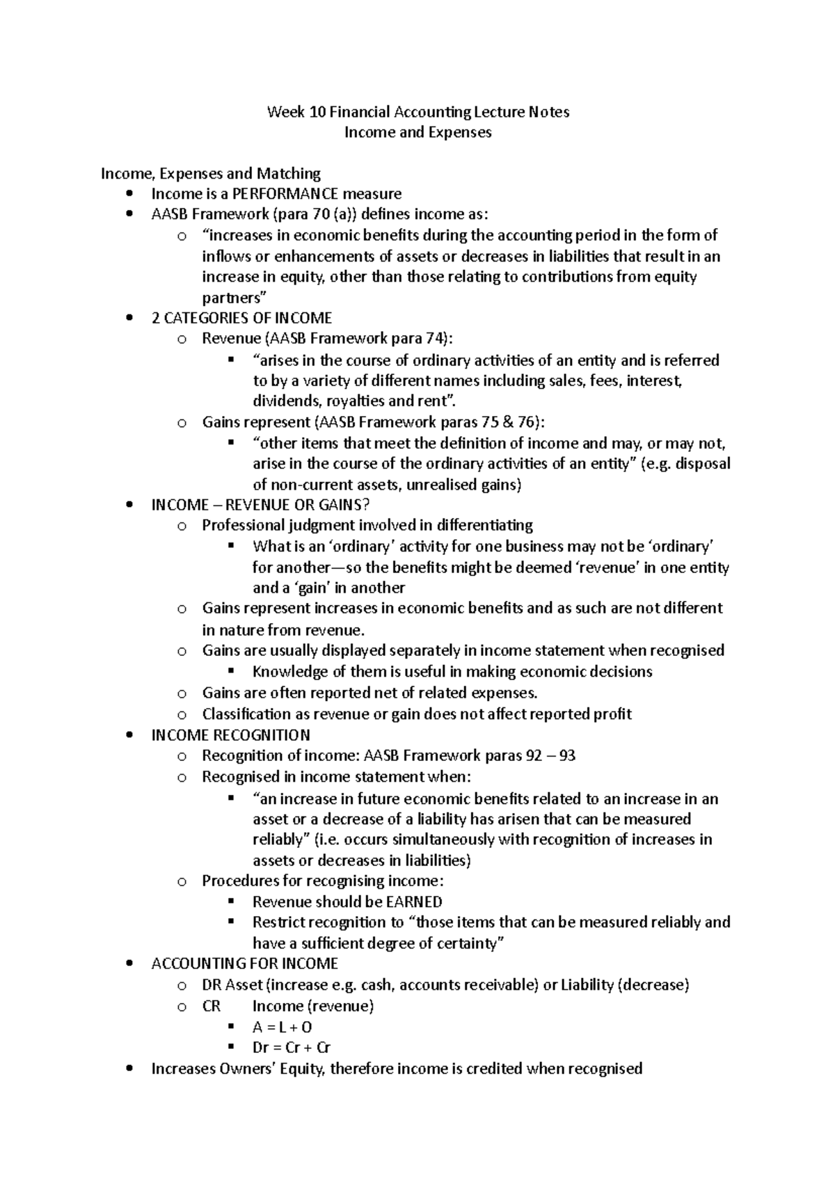 Week 10 Financial Accounting Lecture Notes - o Gains represent (AASB ...