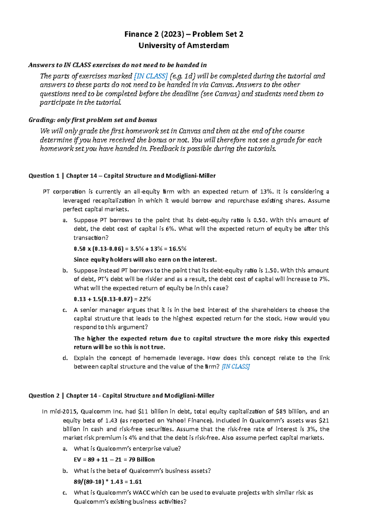 Finance 2 Problem set 2 - Finance 2 (2023) – Problem Set 2 University ...