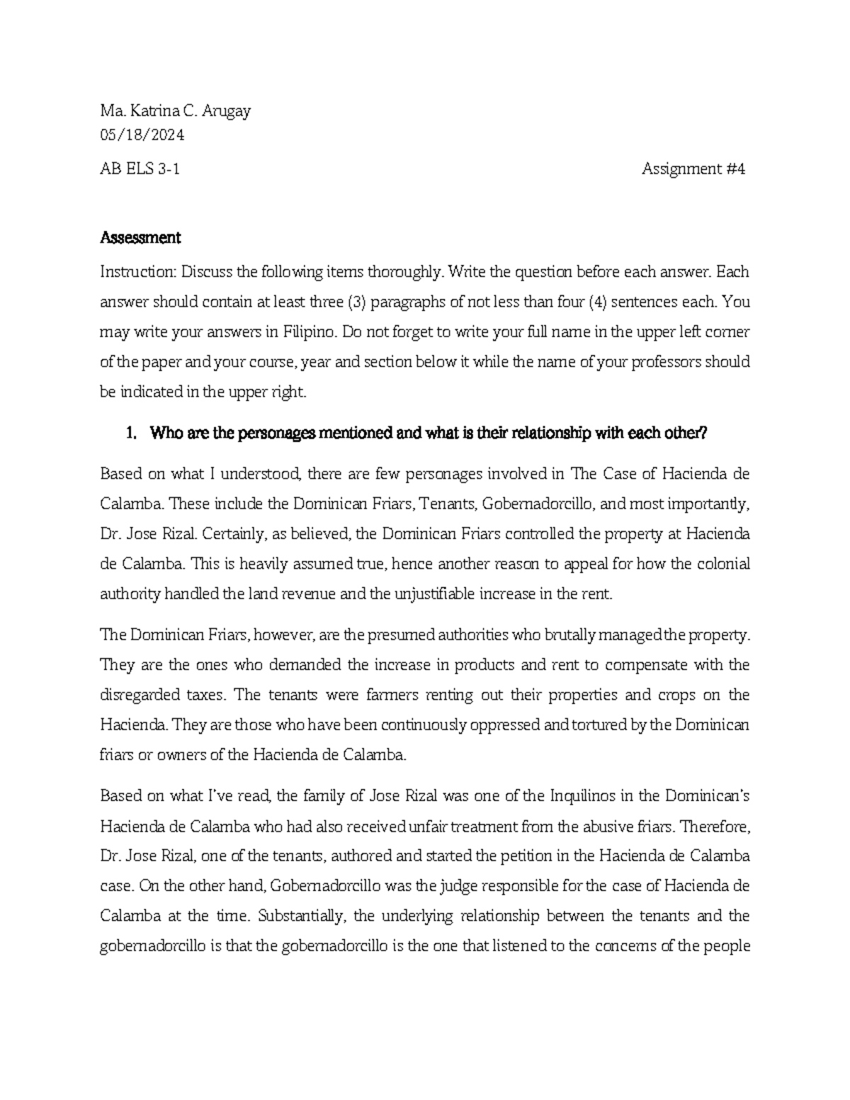 unit 3 assessment - Ma. Katrina C. Arugay 05/18/ AB ELS 3- 1 Assignment ...