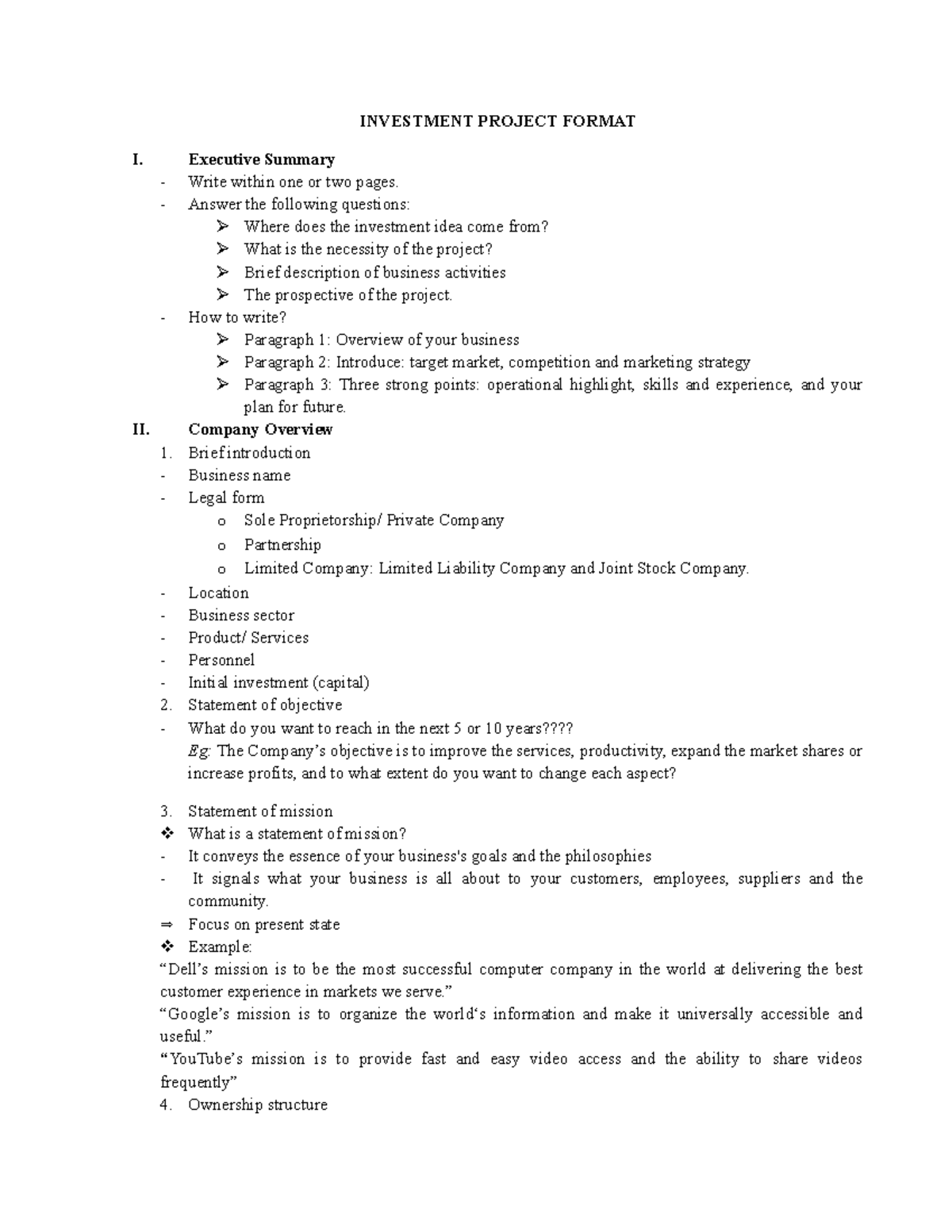 Investment Project Template - INVESTMENT PROJECT FORMAT I. Executive ...