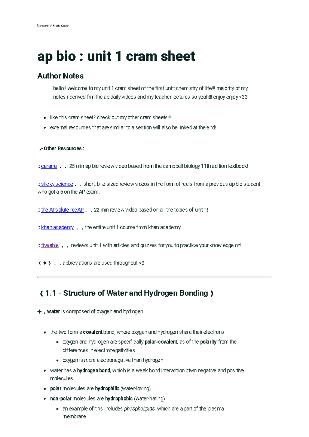 Ap bio unit 1 cram sheet Notes Knowt - ap bio : unit 1 cram sheet ...