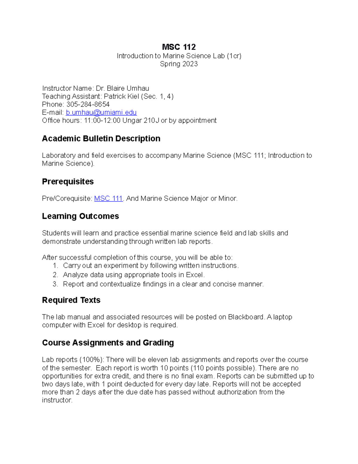 Umhau MSC112 sp23 Syllabus - MSC 112 Introduction to Marine Science Lab ...