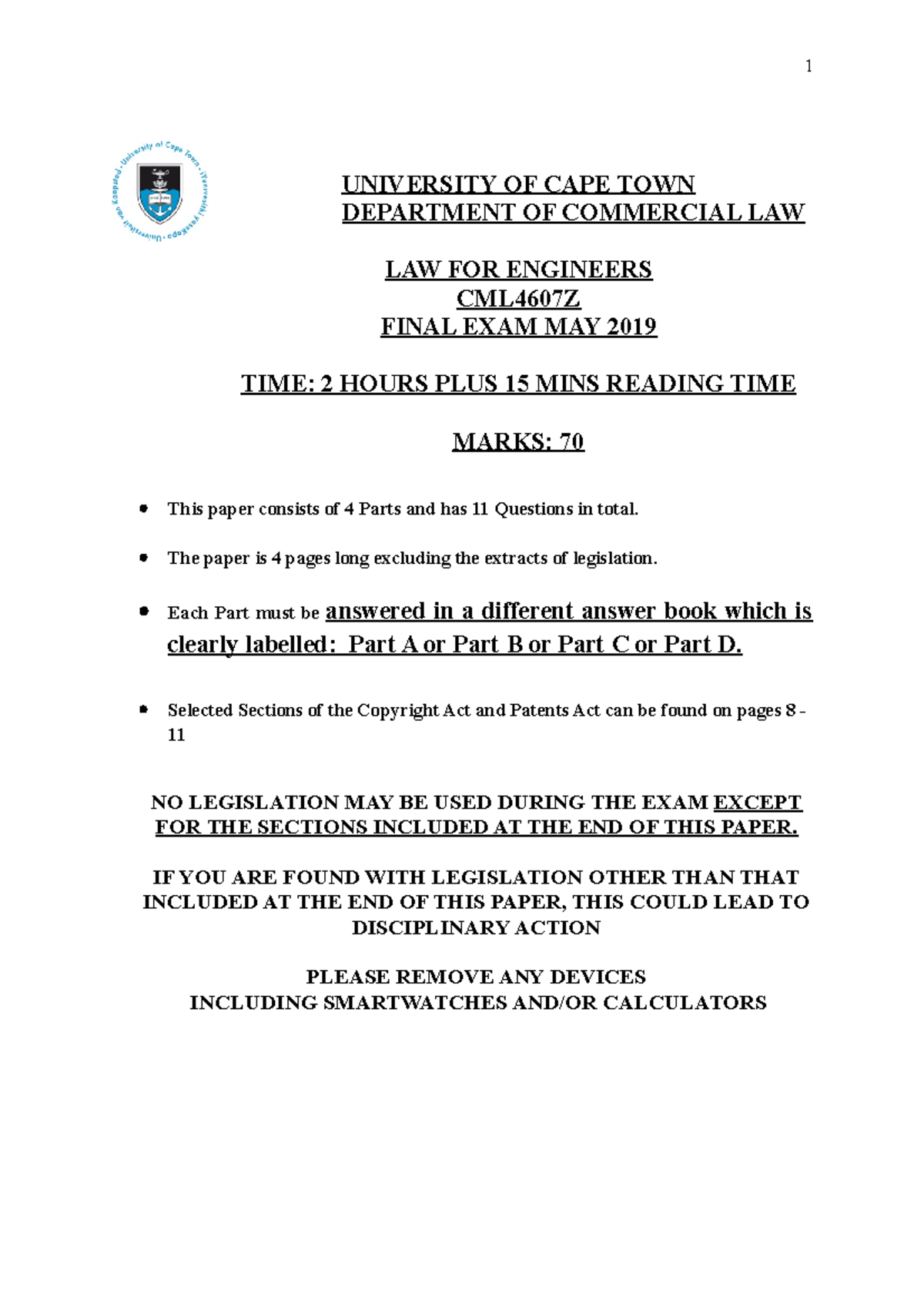 Exam 2019, questions and answers - UNIVERSITY OF CAPE TOWN DEPARTMENT OF COMMERCIAL LAW LAW FOR ...