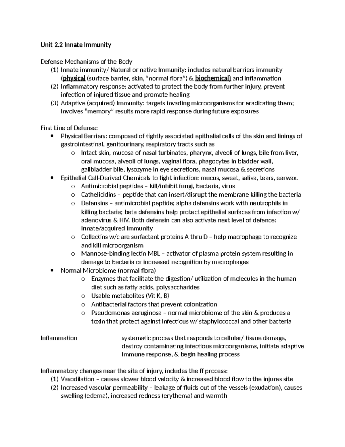 Unit 2 - Class Notes - Unit 2 Innate Immunity Defense Mechanisms of the ...