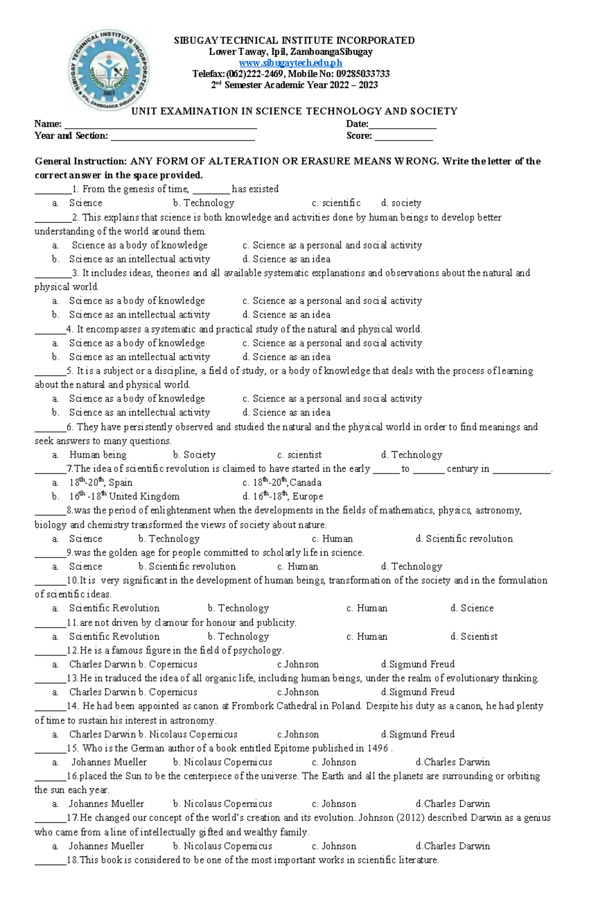STS UNIT EXAM - SCIENCE TECHNOLOGY AND SOCIETY - SIBUGAY TECHNICAL ...
