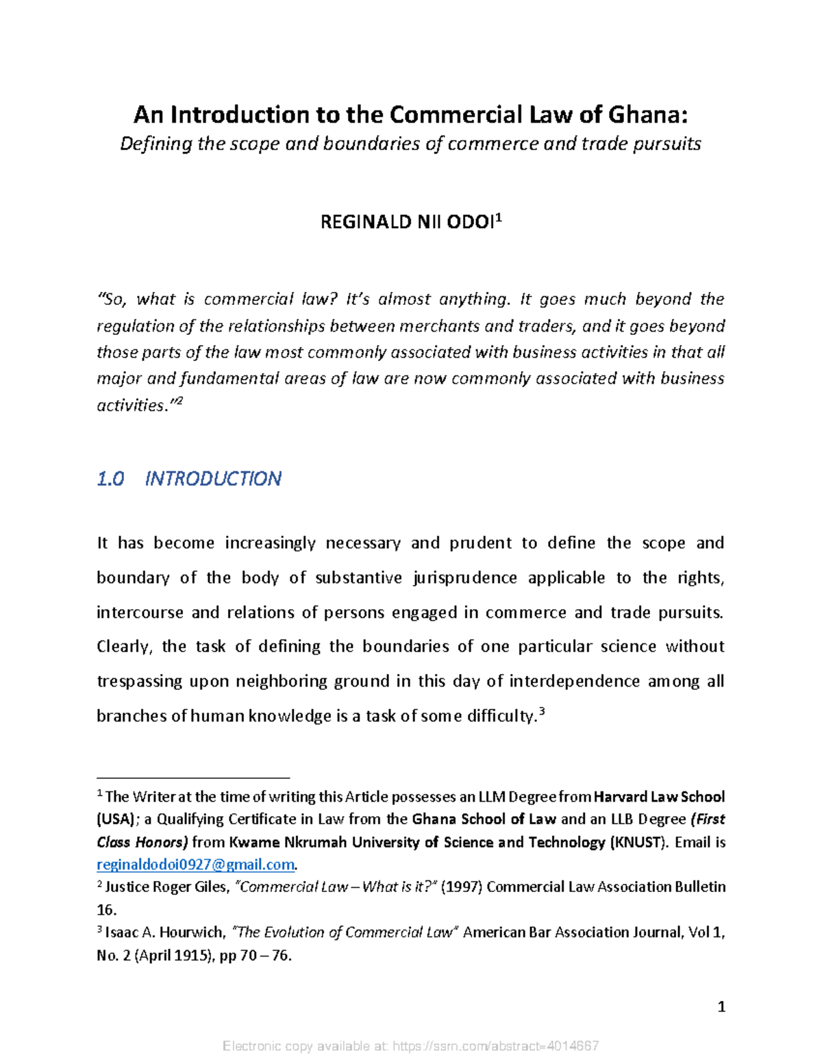 SSRN-id4014667 - commercial law - 1 An Introduction to the Commercial ...