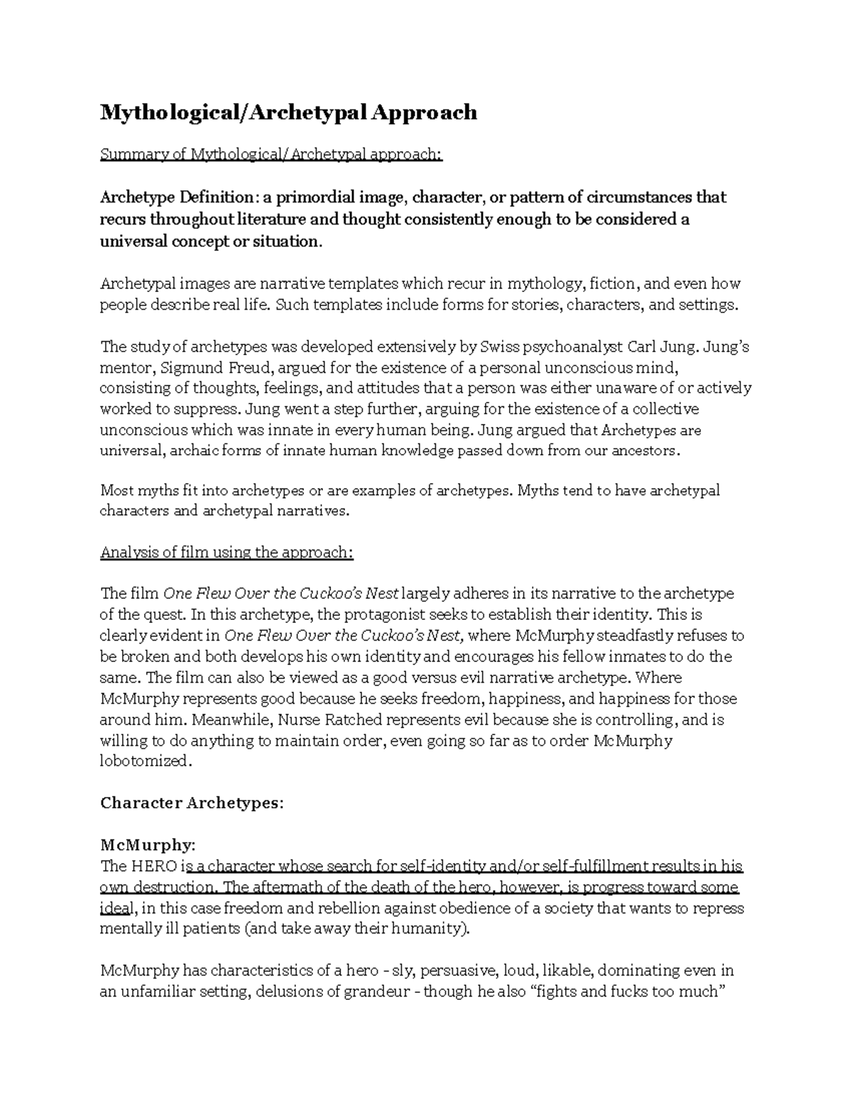 Mythological approach AP Lit assignment - Mythological/Archetypal ...