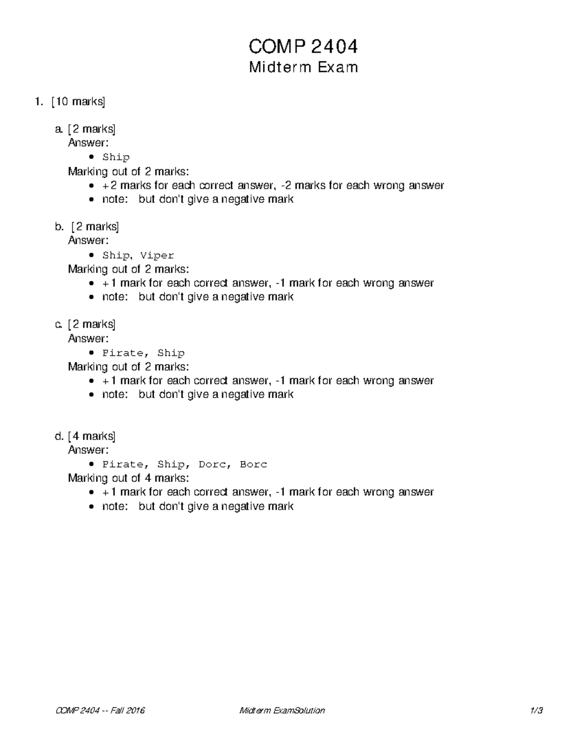 Solution Posted - Course ntoes - COMP 2404 - Fall 2016 Midterm ExamSolution 1/ COMP 2404 Midterm ...