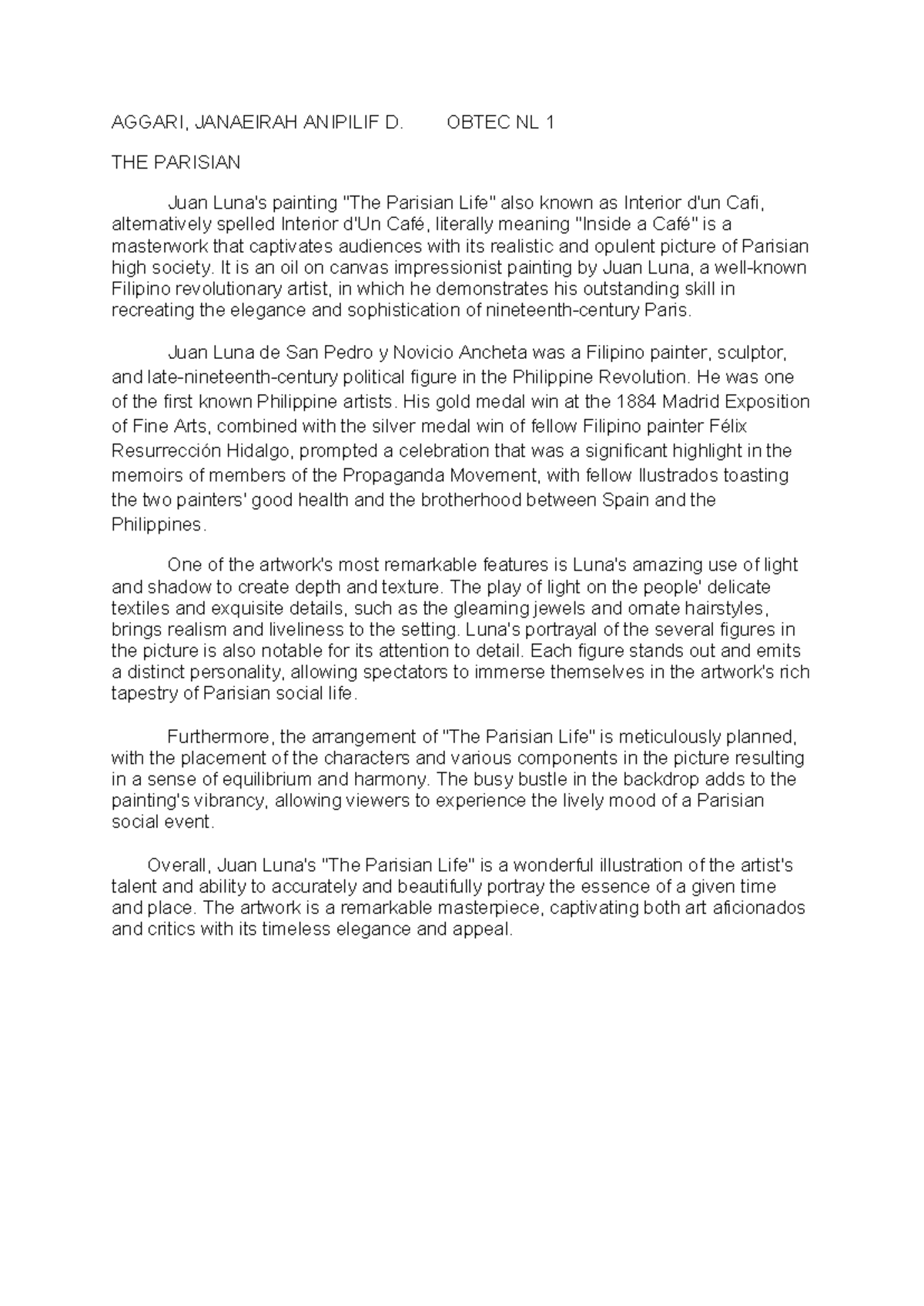 Critique Paper ART APP - AGGARI, JANAEIRAH ANIPILIF D. OBTEC NL 1 THE ...