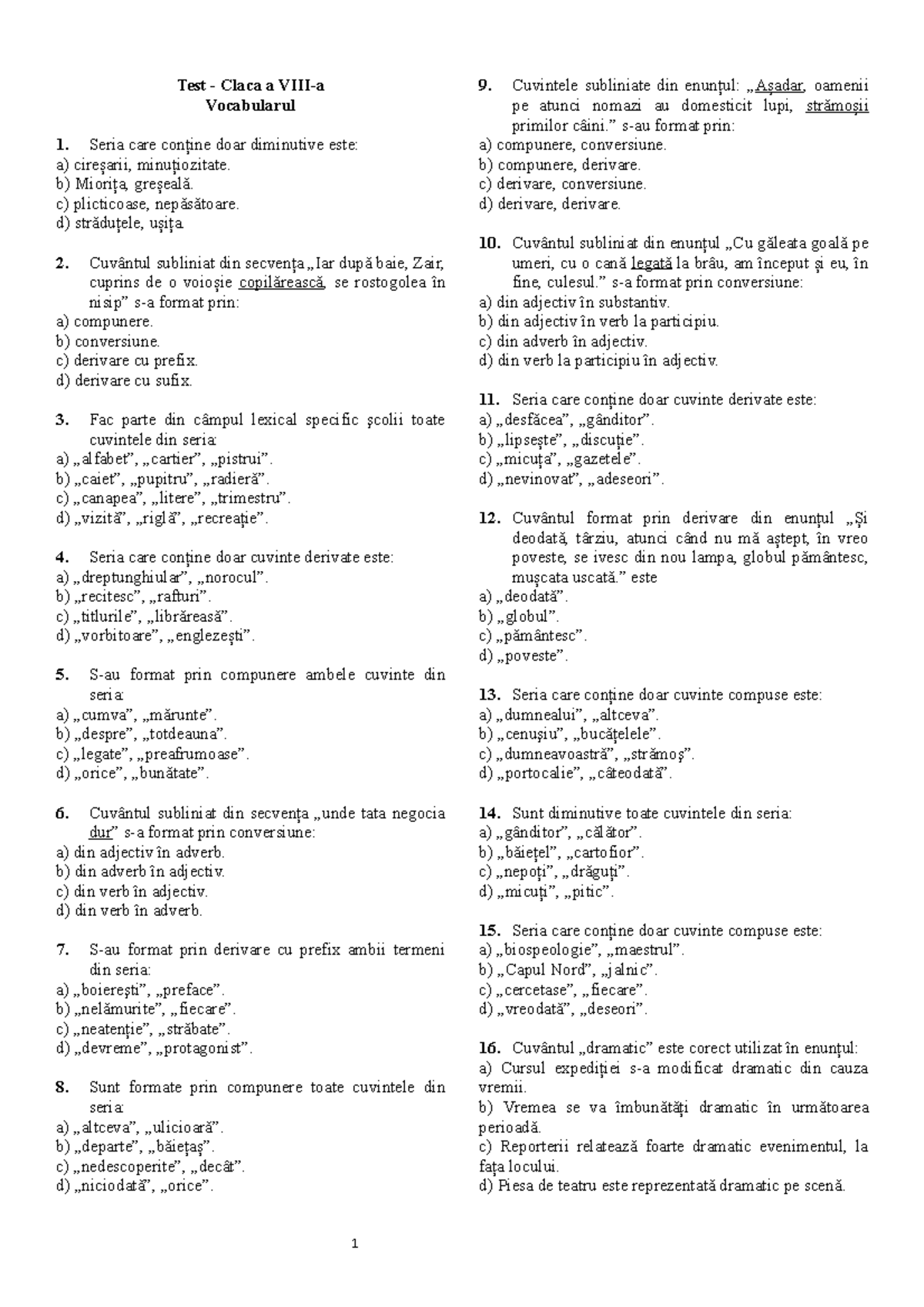 Vocabular teste antrenament 11 - Test - Claca a VIII-a Vocabularul ...