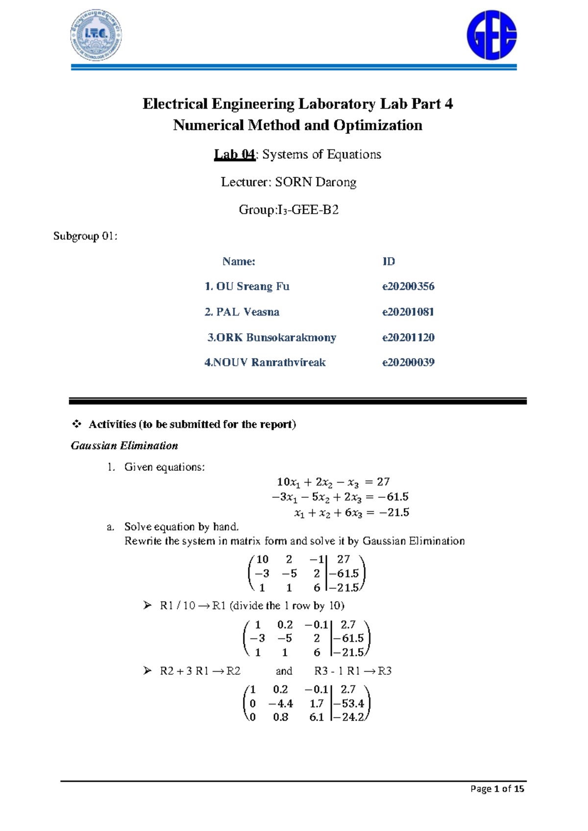 Lab 04 Systems of Equations - Electrical Engineering Laboratory Lab Part 4 Numerical Method and ...