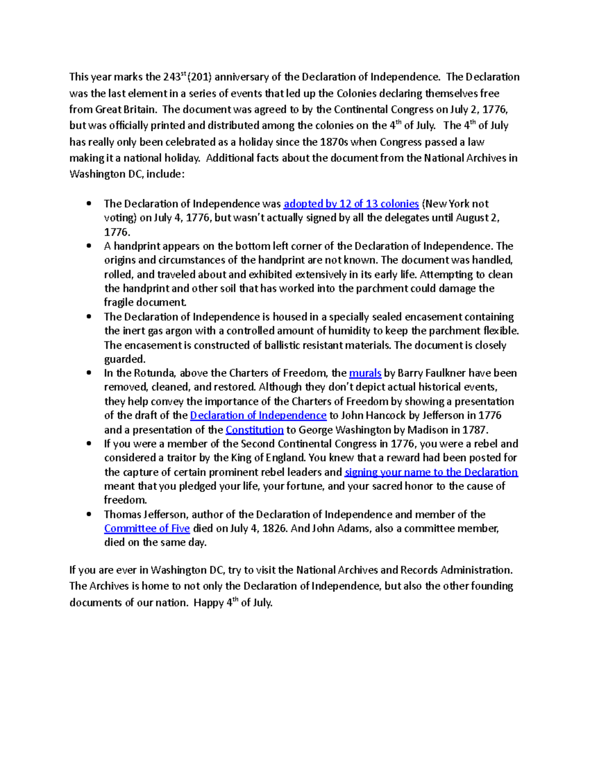 Article of the Declaration of Independence - This year marks the 243st ...