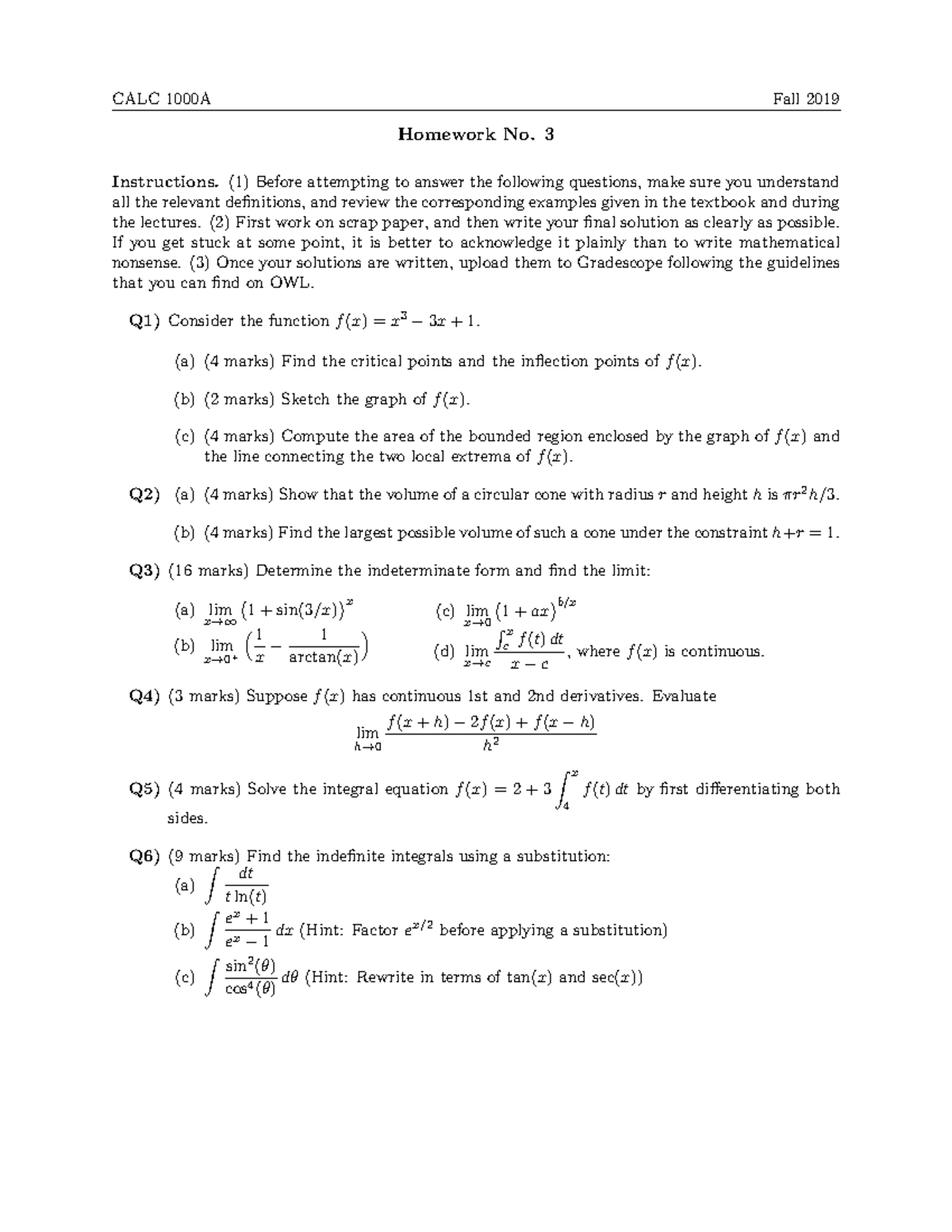 HW 3 Fall 2019 - Homework - CALC 1000A Fall 2019 Homework No. 3 ...