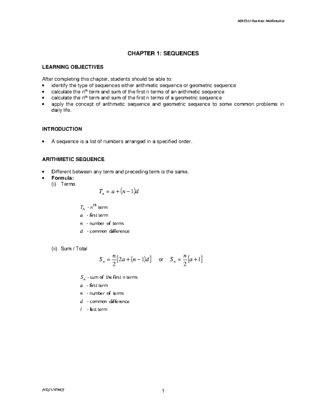 Topic 1 Sequence - CHAPTER 1: SEQUENCES LEARNING OBJECTIVES After completing this chapter ...