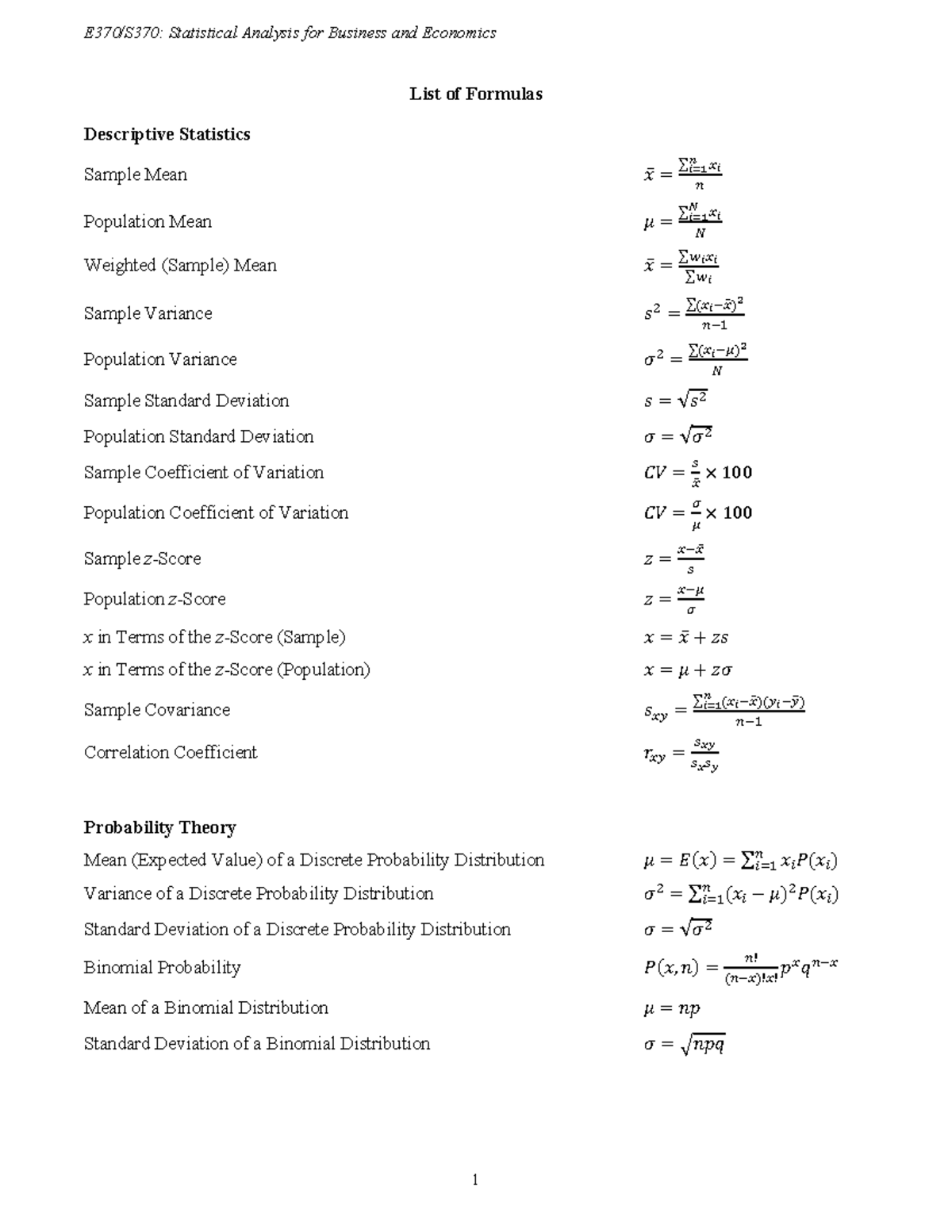 Exam 1 - Formulas for exam 1. - E370/S370: Statistical Analysis for ...