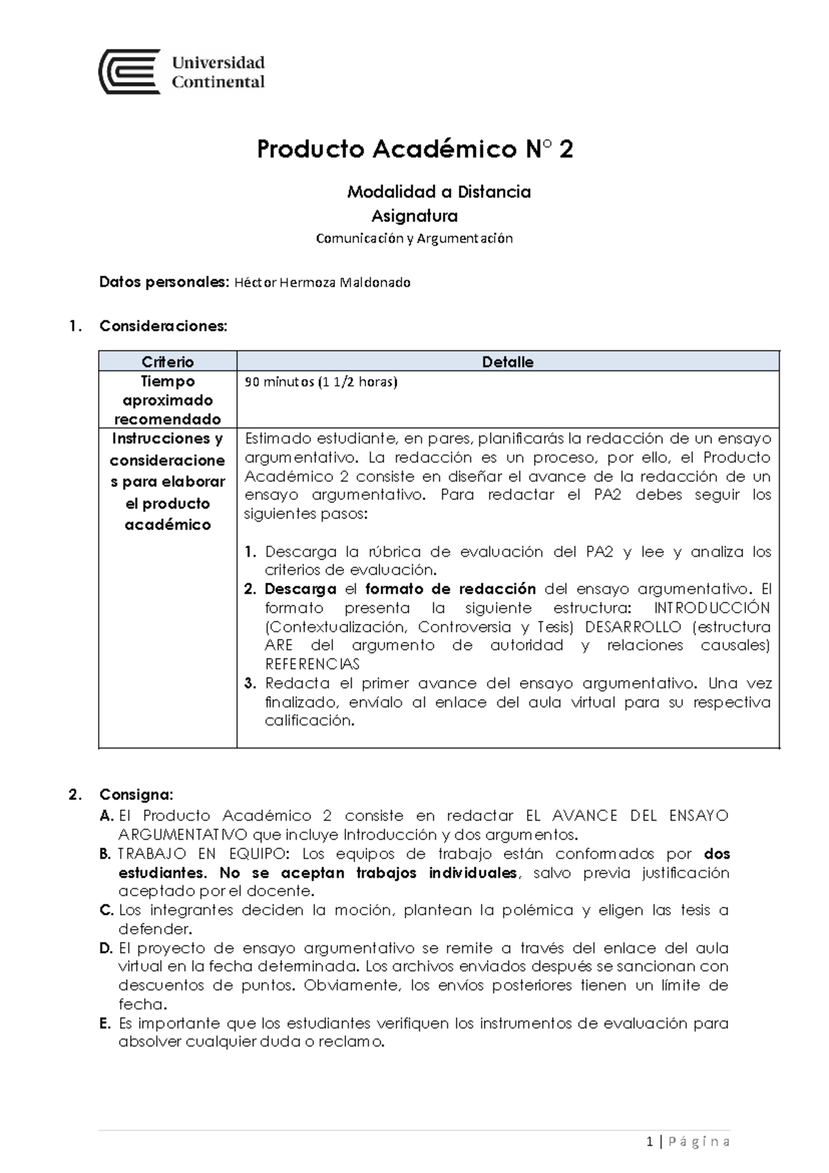 PA2 Comunicación Y Argumentación 2021-10 - Producto Académico N° 2 Modalidad a Distancia ...