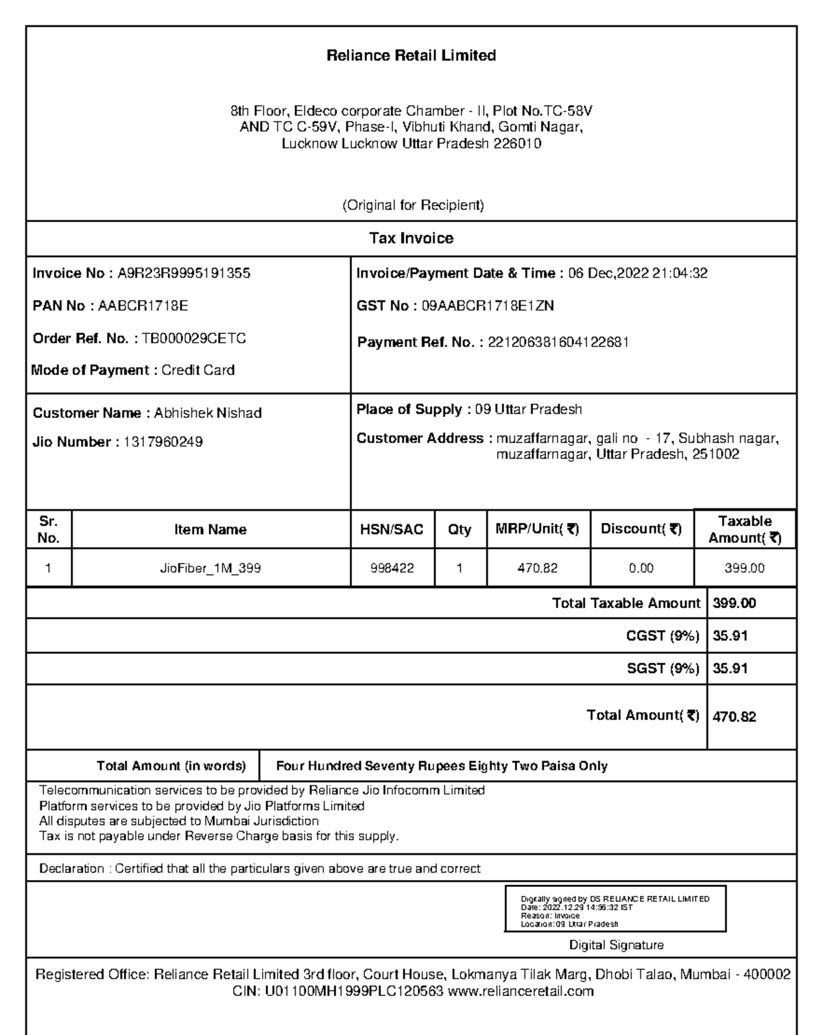 Jio Broadband Billl Format Tax Invoice Original For Recipient