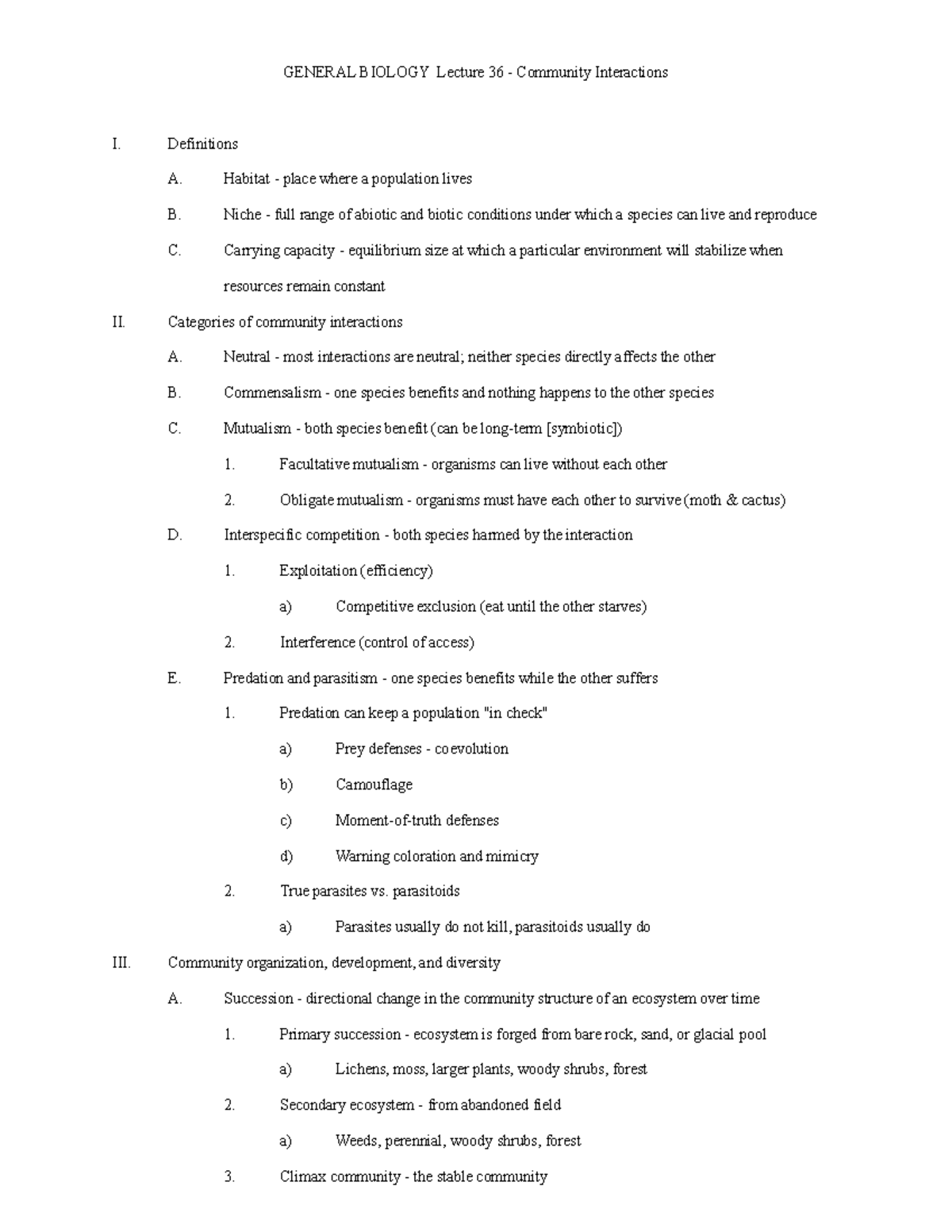 Lecture 36 Bio Notes Community - GENERAL BIOLOGY Lecture 36 - Community ...