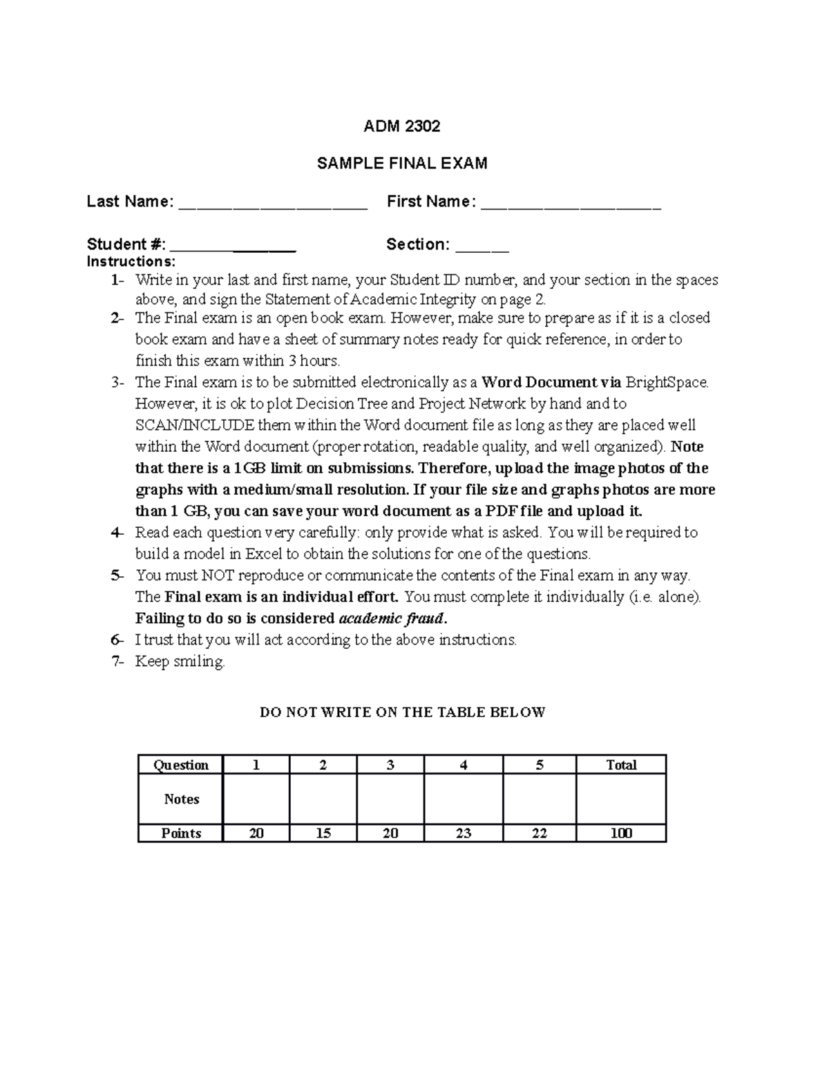 1. Sample Final Exam - ADM 2302 SAMPLE FINAL EXAM Last Name ...