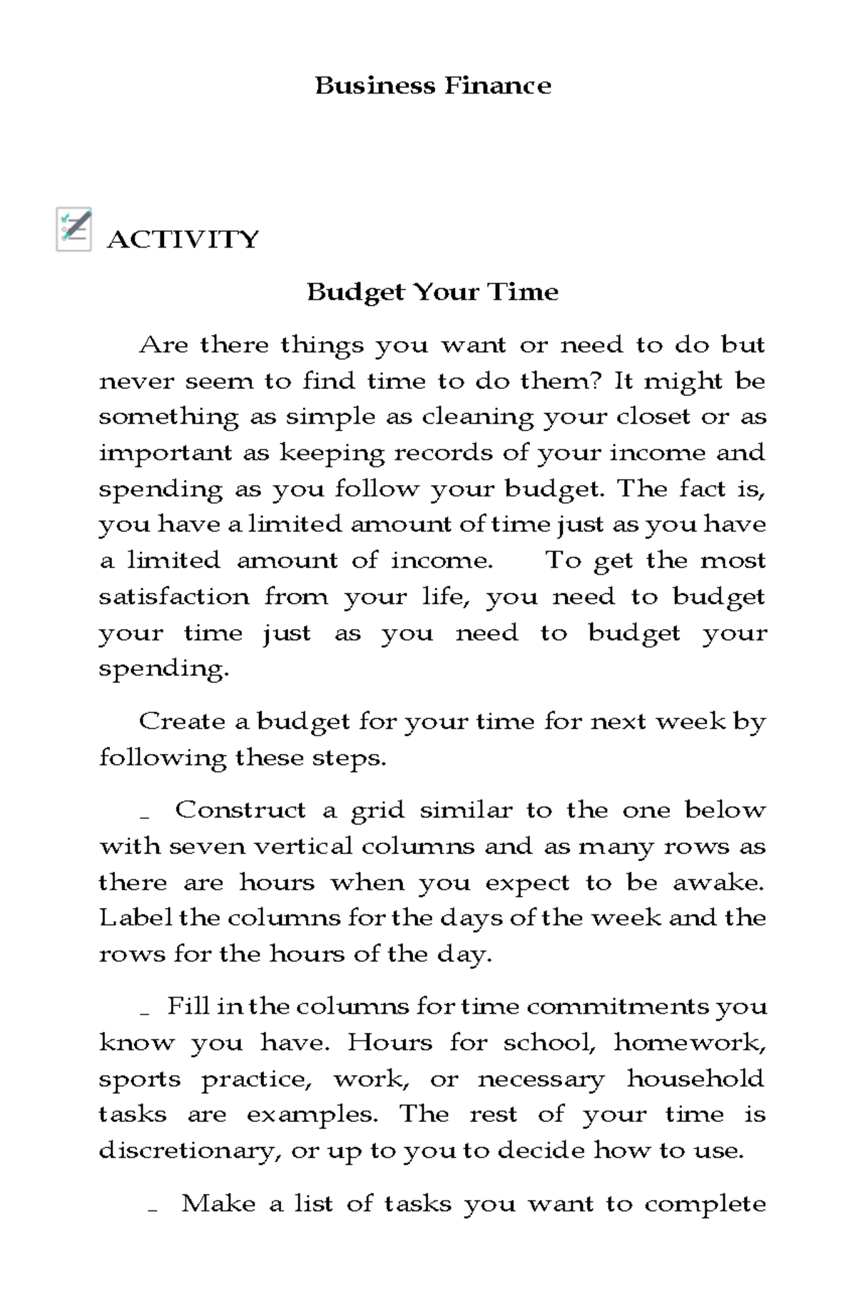 Activity 3- Business Finance - Business Finance ACTIVITY Budget Your ...