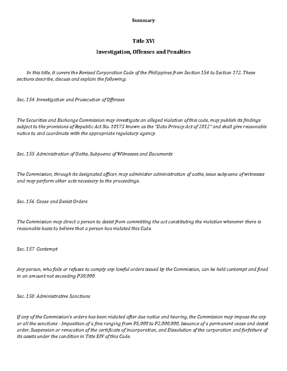 Summary of Title XVI - Summary Title XVI Investigation, Offenses and ...